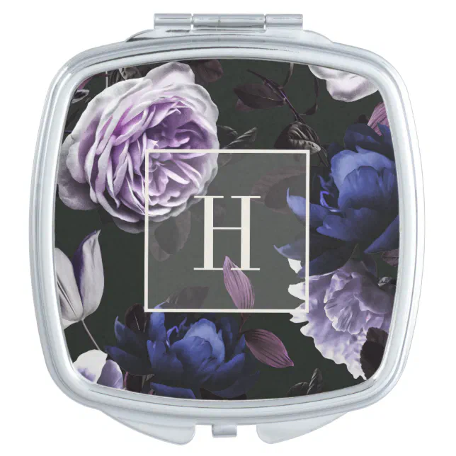 Elegant Dark Violet Floral | Monogrammed Compact Mirror | Zazzle