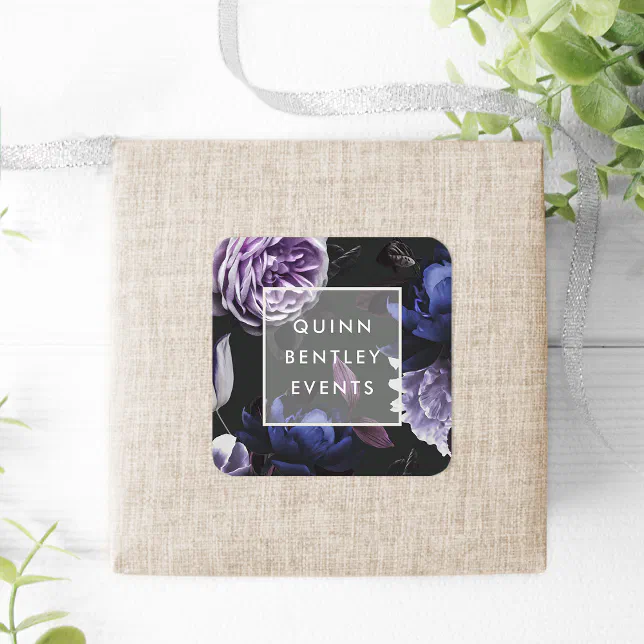 Elegant Dark Violet Floral Personalized Square Sticker | Zazzle