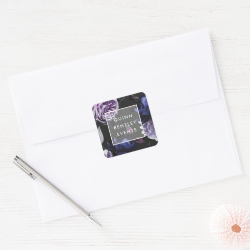 Elegant Dark Violet Floral Personalized Square Sticker | Zazzle