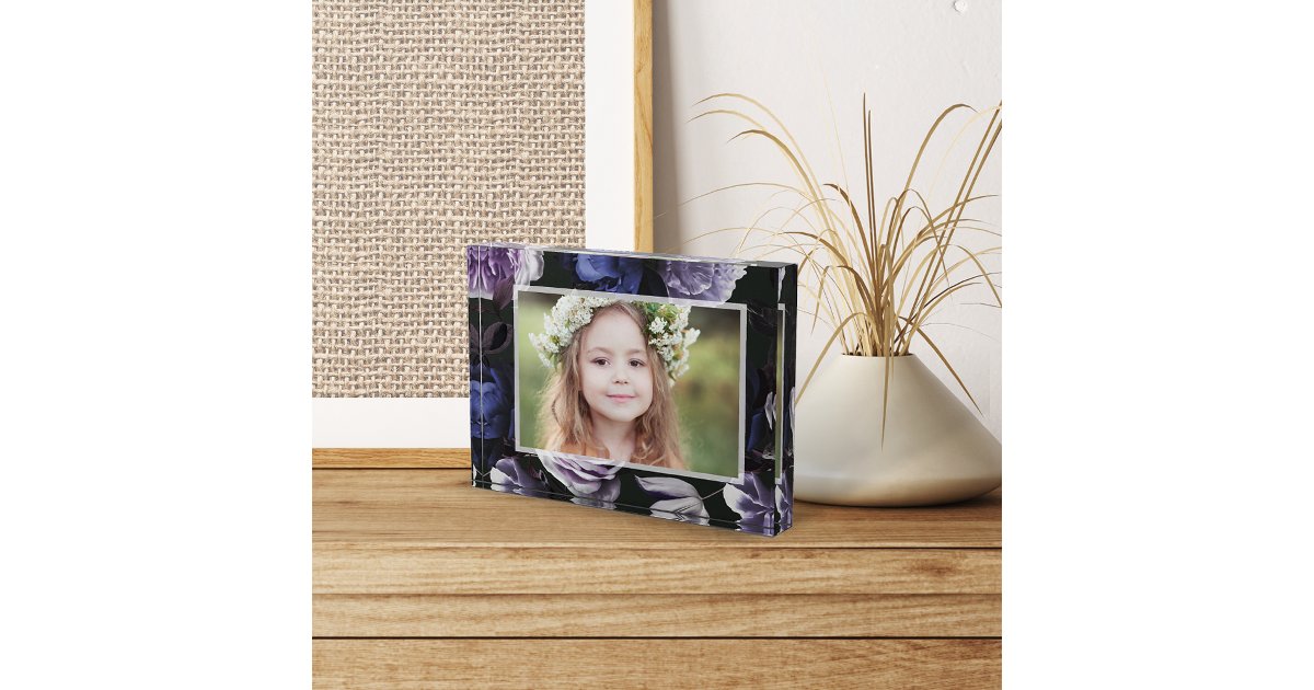 Elegant Dark Violet Floral Photo Block | Zazzle