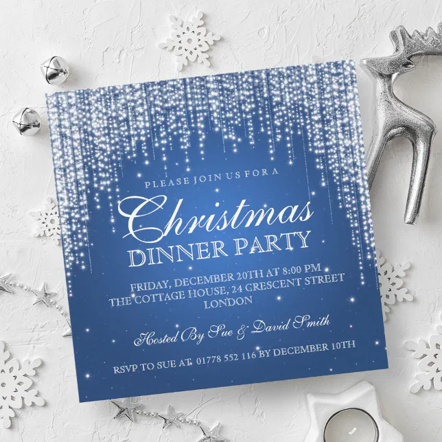 Elegant Dazzle Christmas Holiday Party Blue Invitation | Zazzle