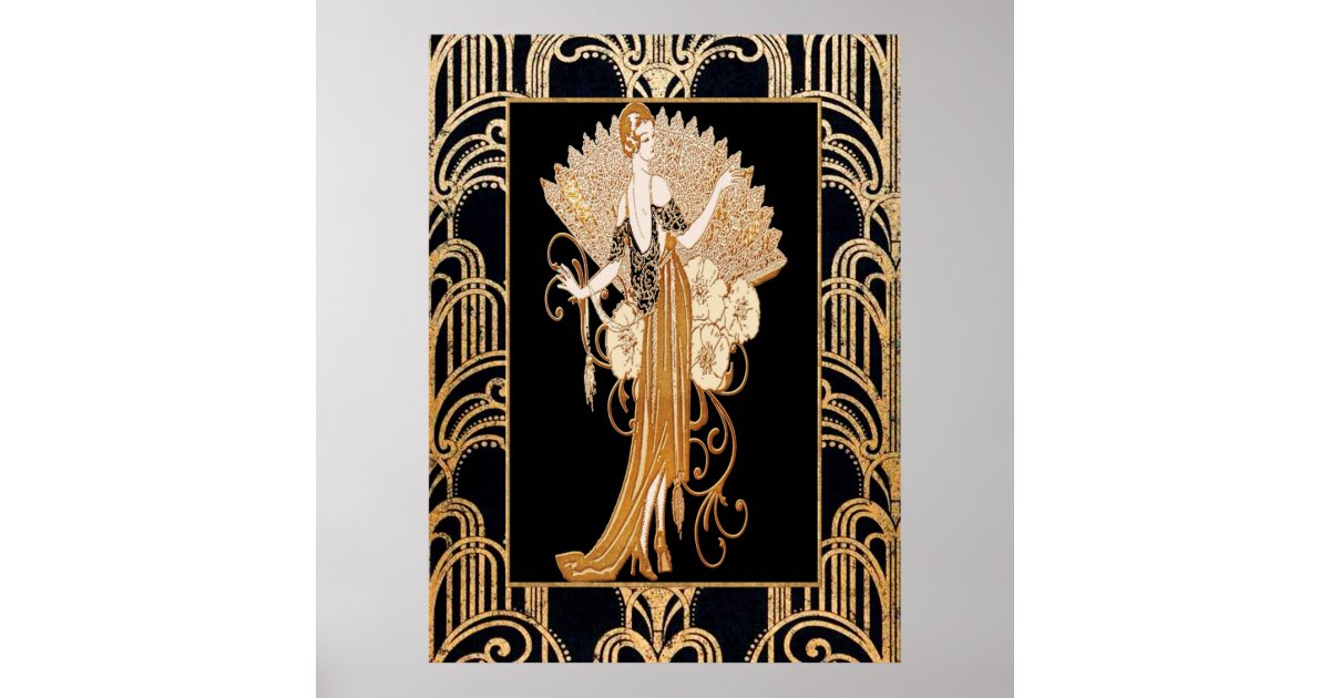 Elegant Deco Lady with Fan Poster | Zazzle