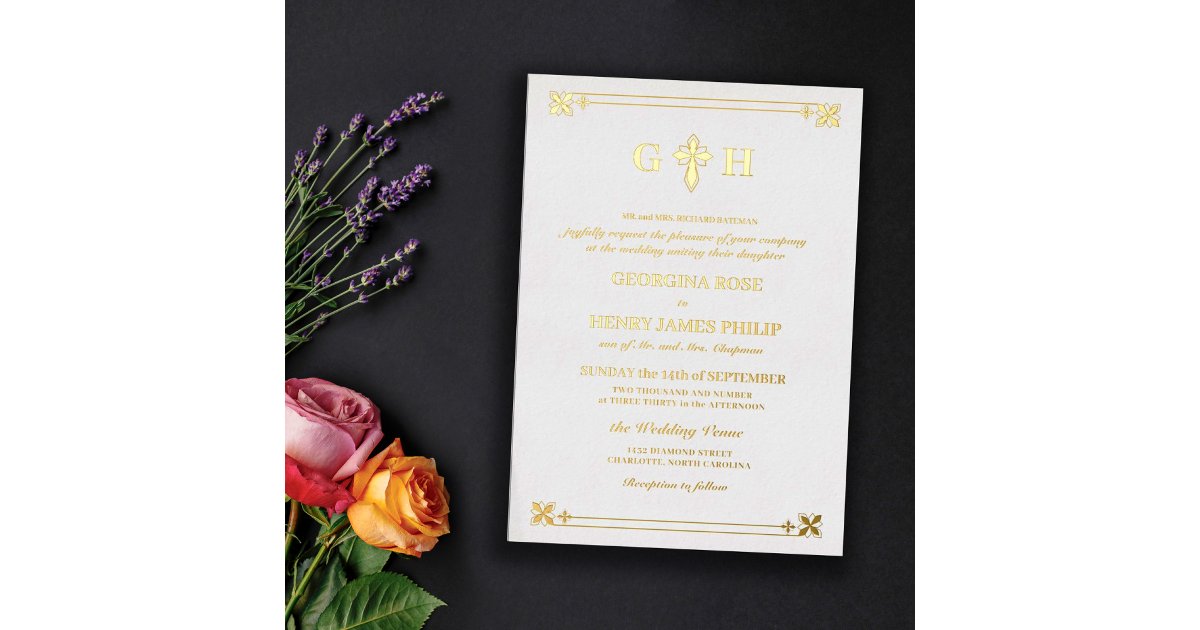 Elegant Decorative Cross Monogram Traditional Foil Invitation | Zazzle