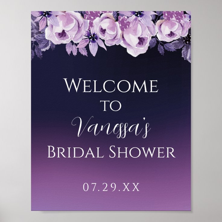 Elegant Deep Purple Floral Bridal Shower Welcome Poster | Zazzle