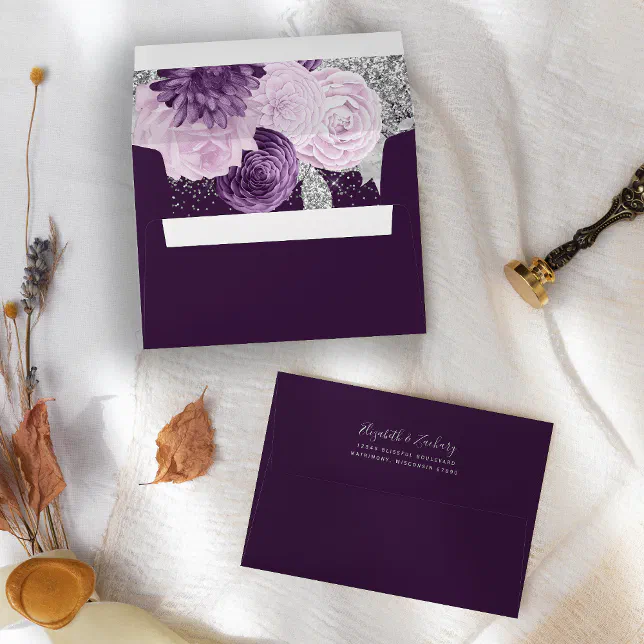 Elegant Deep Purple Silver Floral Wedding Envelope | Zazzle
