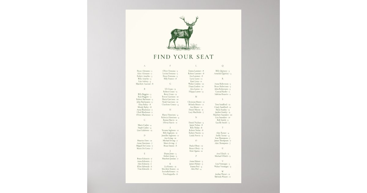 Elegant Deer Hunting Stag Green Seating Chart | Zazzle