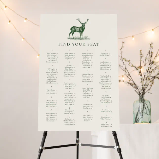 Elegant Deer Hunting Stag Green Seating Chart Foam Board | Zazzle