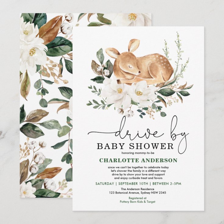 Elegant Deer Ivory Floral Drive By Baby Shower Invitation | Zazzle