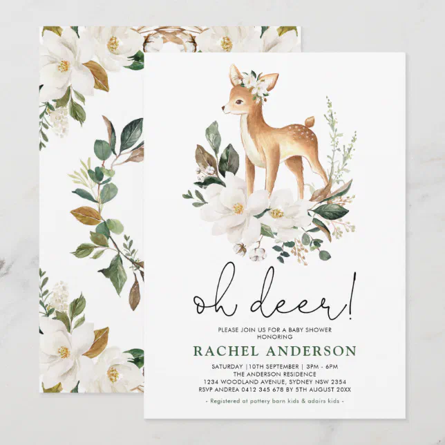 Elegant Deer Ivory Floral Greenery Baby Shower Invitation | Zazzle