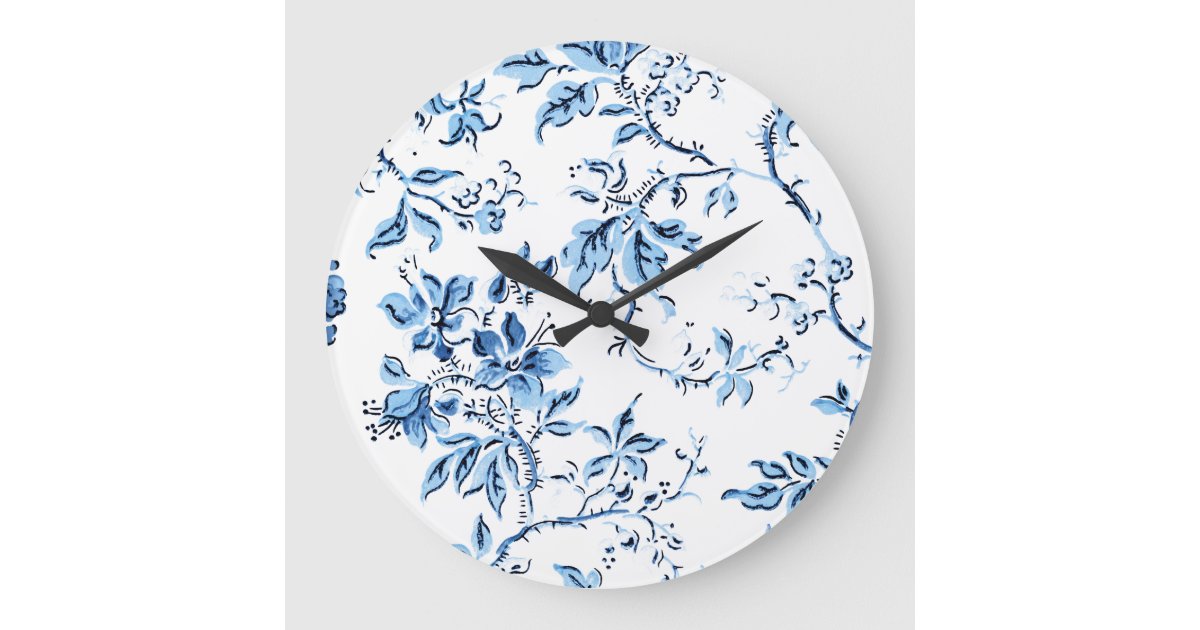 Elegant Delft Blue and White Floral Large Clock | Zazzle