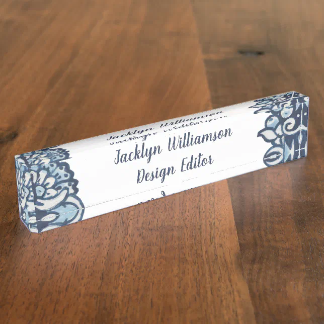 Elegant Delft Blue White Floral Personalized Desk Name Plate | Zazzle