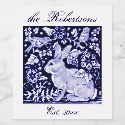 Elegant Delft Navy Blue Bunny Rabbit Birds Custom Wine Label | Zazzle