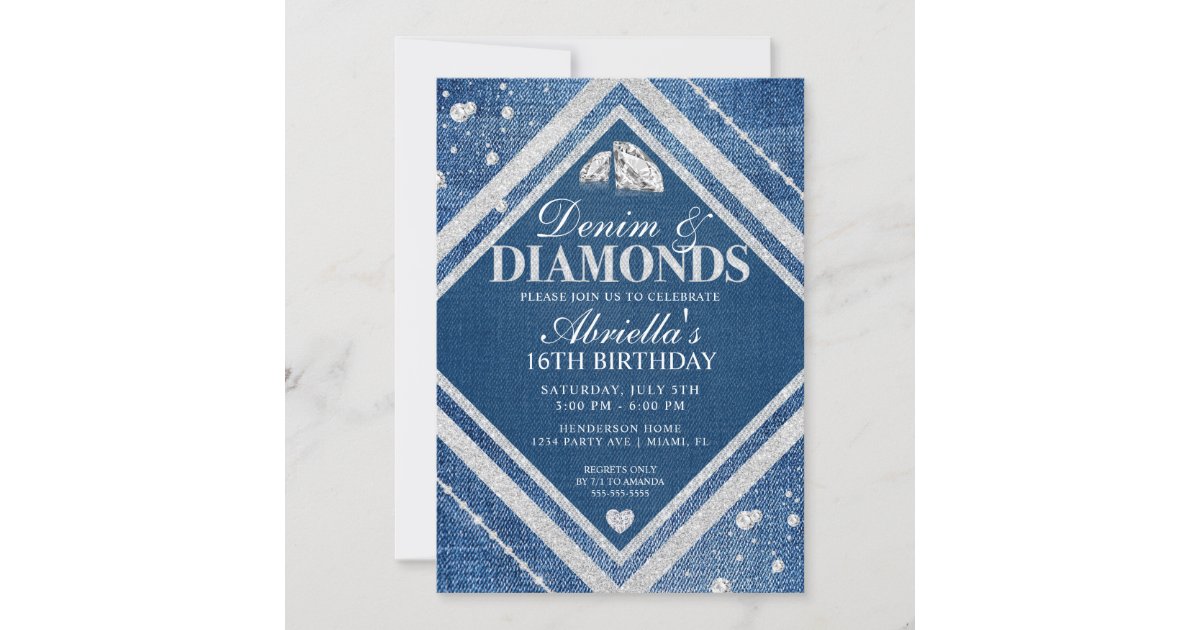 Elegant Denim and Diamonds Birthday Invitation | Zazzle