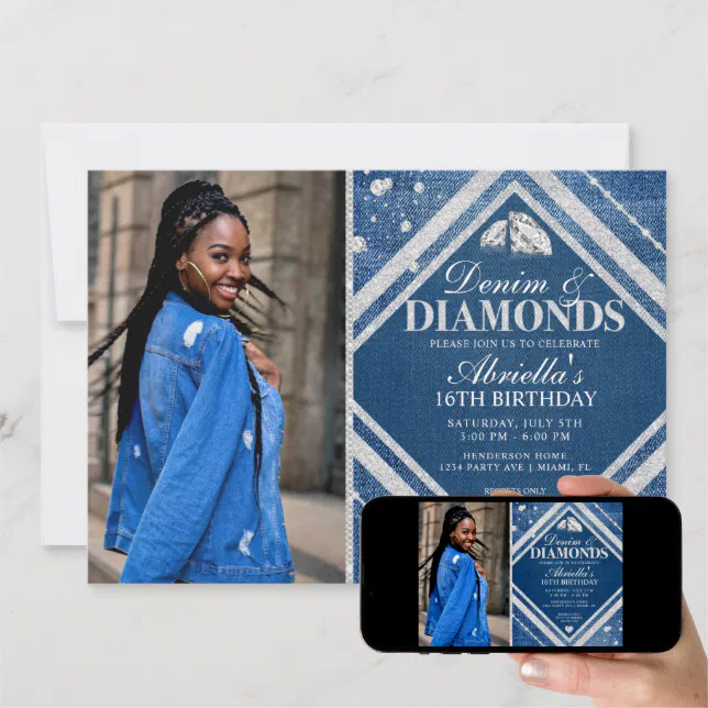Elegant Denim and Diamonds Photo Invitation | Zazzle