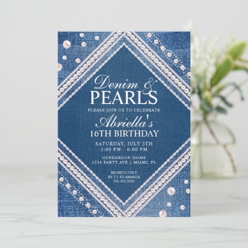 Elegant Denim and Pearls Invitation | Zazzle