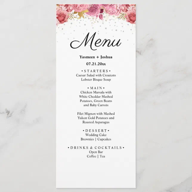 Elegant Diamond and Pink Floral Wedding Menu | Zazzle