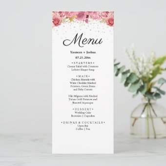 Elegant Diamond and Pink Floral Wedding Menu | Zazzle