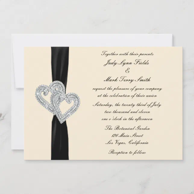 Elegant Diamond Black Ribbon Wedding Invitation | Zazzle