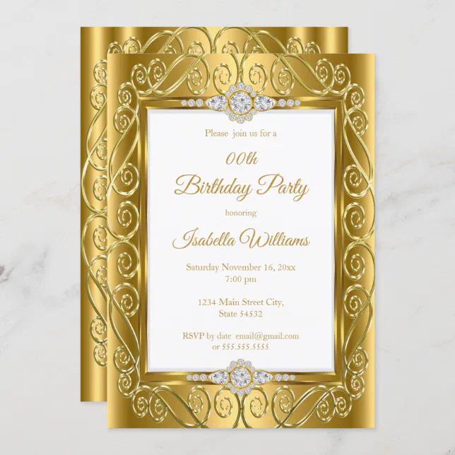 Elegant Diamond Gem Gold Birthday Party Invitation | Zazzle