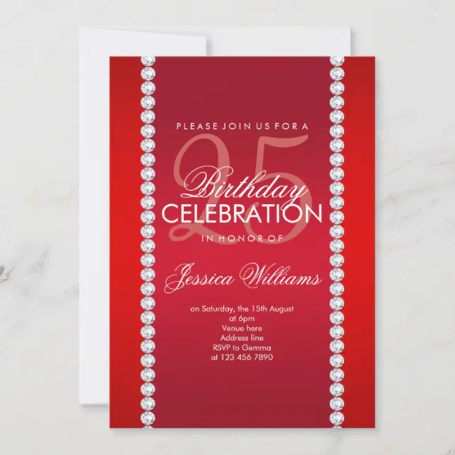 Elegant Diamond Jeweled Ruby Red Birthday Invitation | Zazzle
