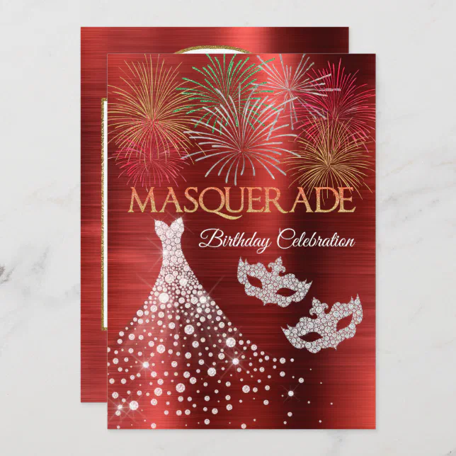Elegant Diamond Red Glam Masquerade Invitation | Zazzle