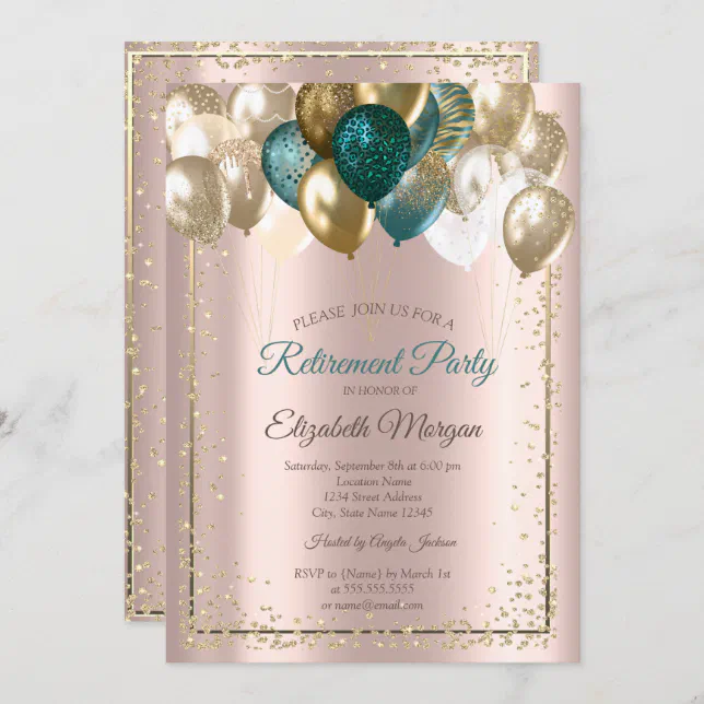 Elegant Diamonds Balloons Rose Gold Retirement Invitation | Zazzle
