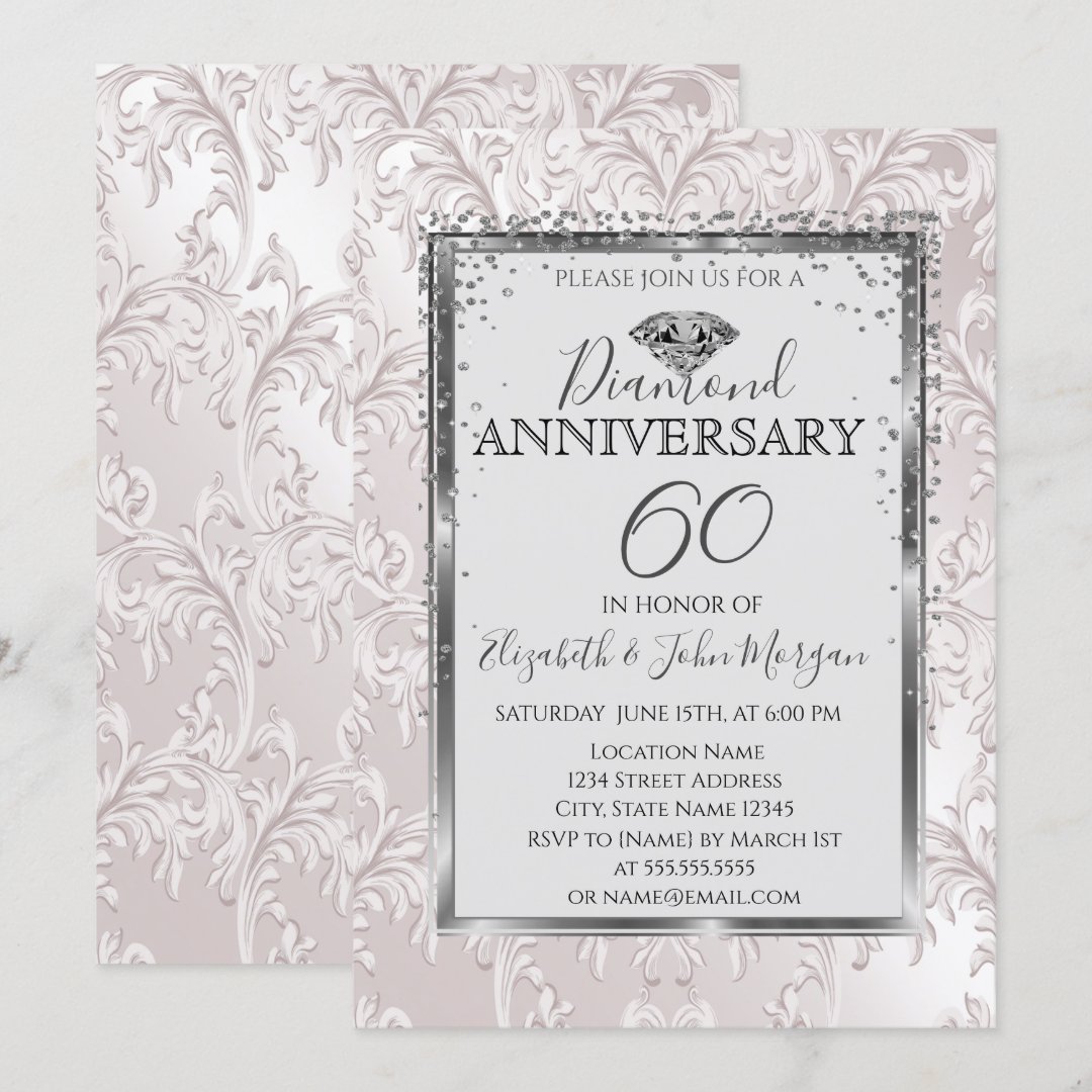 Elegant Diamonds Damask Wedding Anniversary Invitation | Zazzle