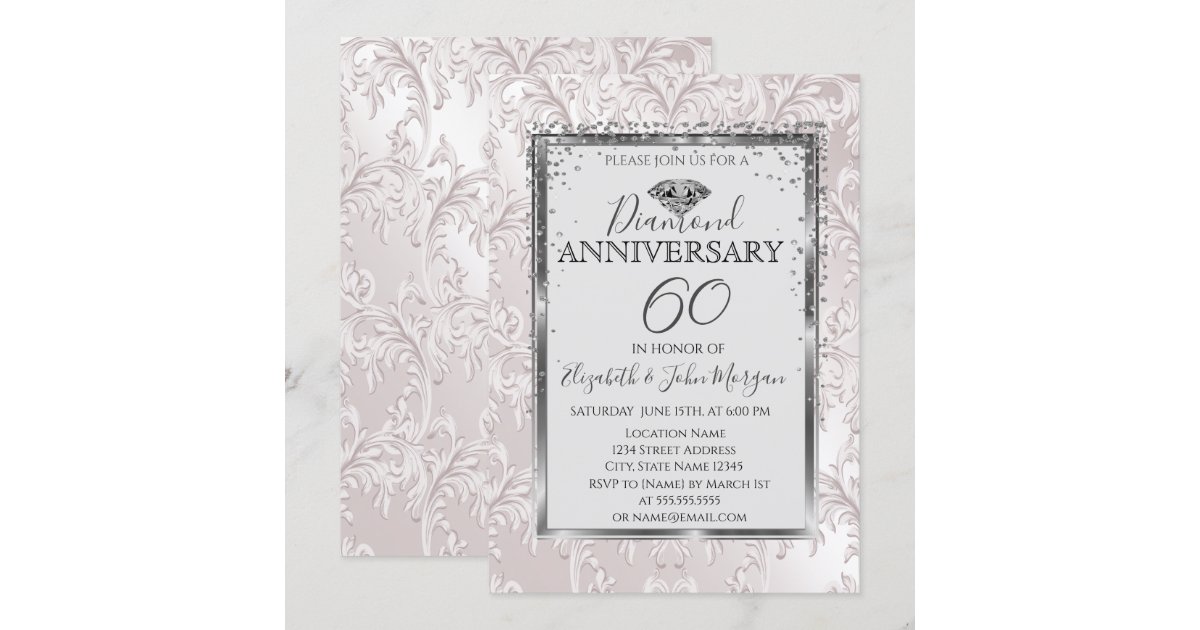 Elegant Diamonds Damask Wedding Anniversary Invitation | Zazzle