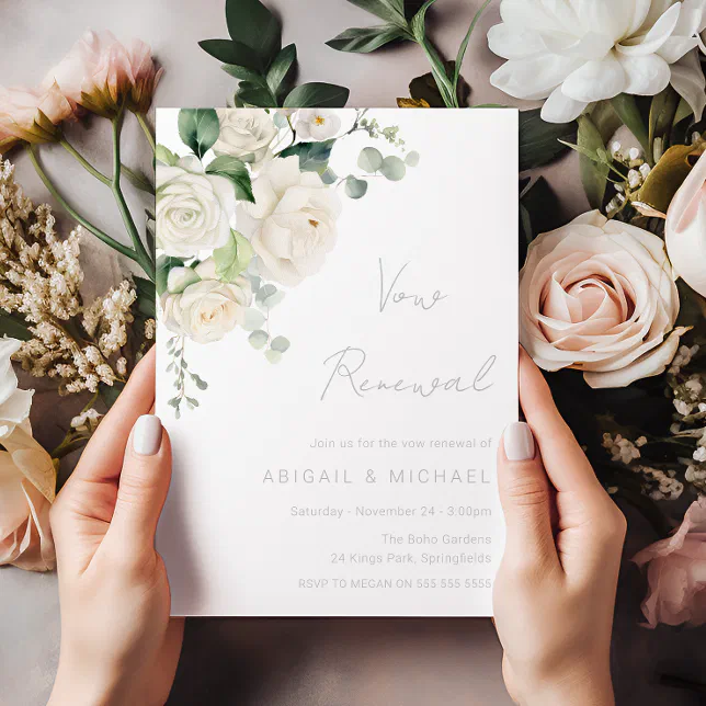 Elegant Divine White Roses & Sage Vow Renewal Invitation | Zazzle