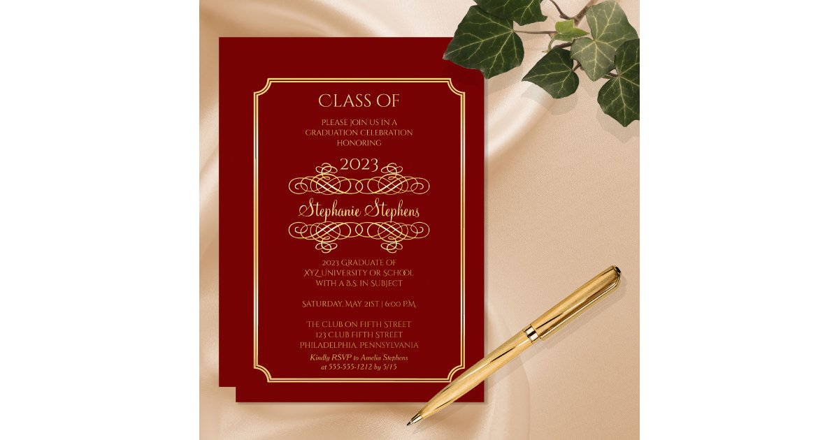 Elegant Dk Red University Graduation Party Gold Foil Invitation | Zazzle
