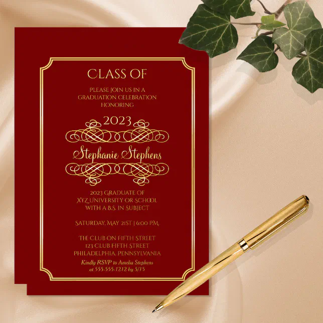 Elegant Dk Red University Graduation Party Gold Foil Invitation | Zazzle
