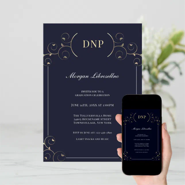 Elegant DNP degree Gold Blue Graduation Party Invitation | Zazzle