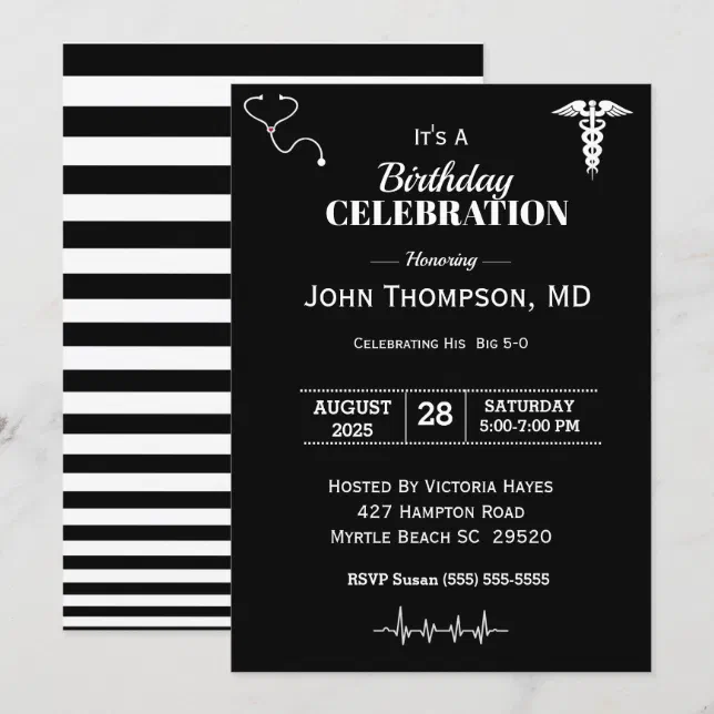 Elegant Doctor Birthday Party Black and White Invitation | Zazzle