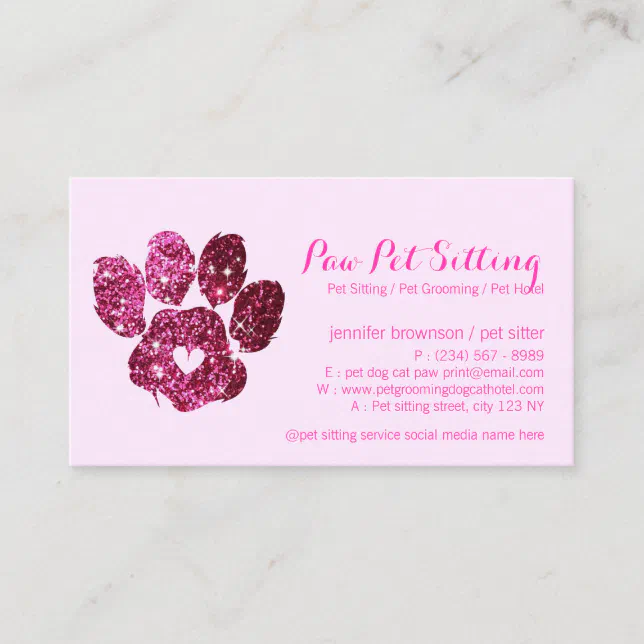 Elegant Dog Cat Grooming Glitter Pet Sitter Paw Business Card | Zazzle