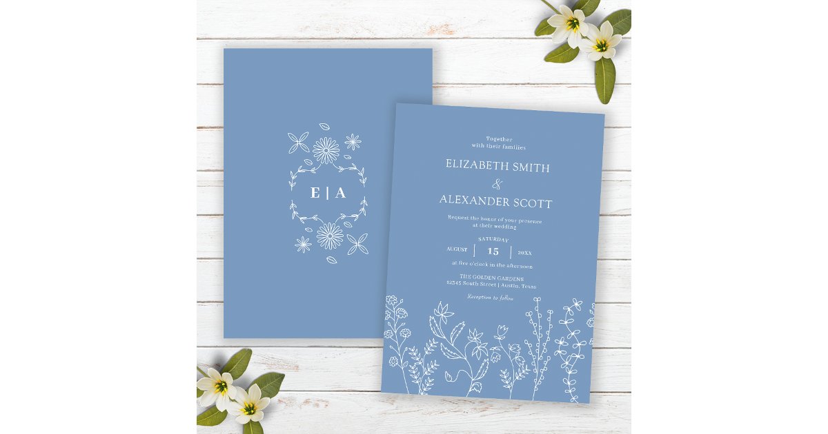 Elegant Doodle Wildflower Periwinkle Wedding Invitation | Zazzle