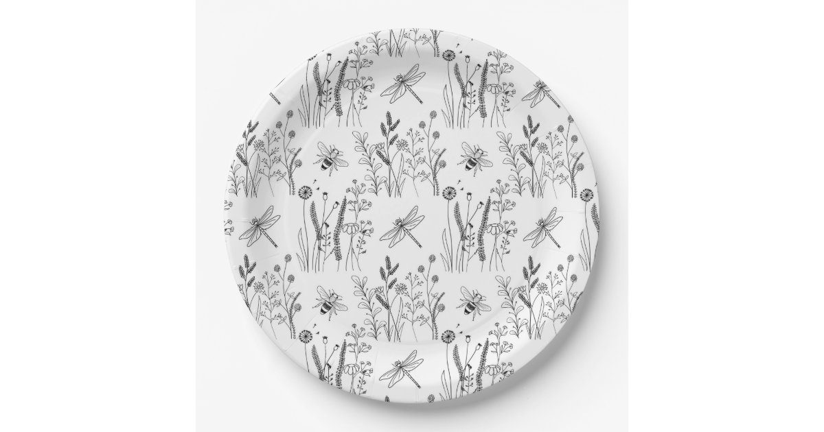 Elegant Dragonflies & Wildflowers Paper Plates | Zazzle