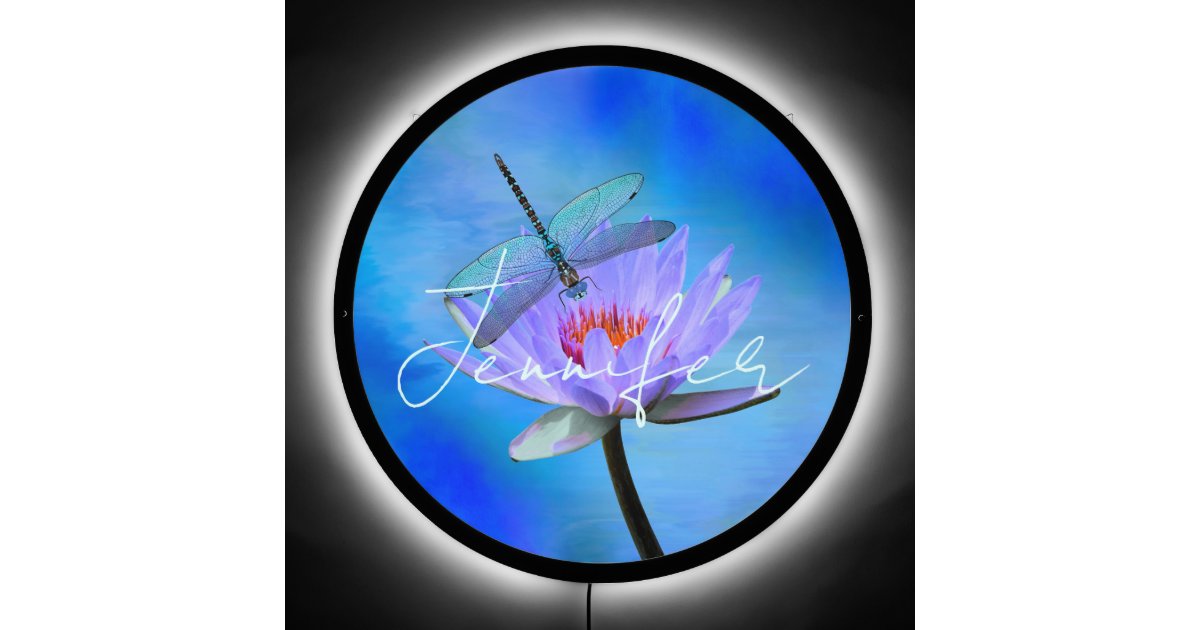 Elegant Dragonfly & Water Lily Personalized LED Sign | Zazzle