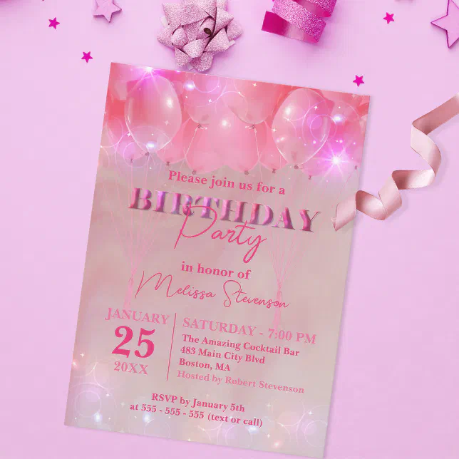 Elegant Dreamy Sparkly Pink Balloon Birthday Party Invitation | Zazzle