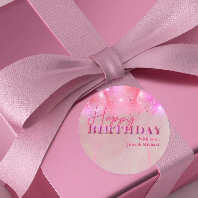 Elegant Dreamy Sparkly Pink Balloons Birthday Classic Round Sticker ...