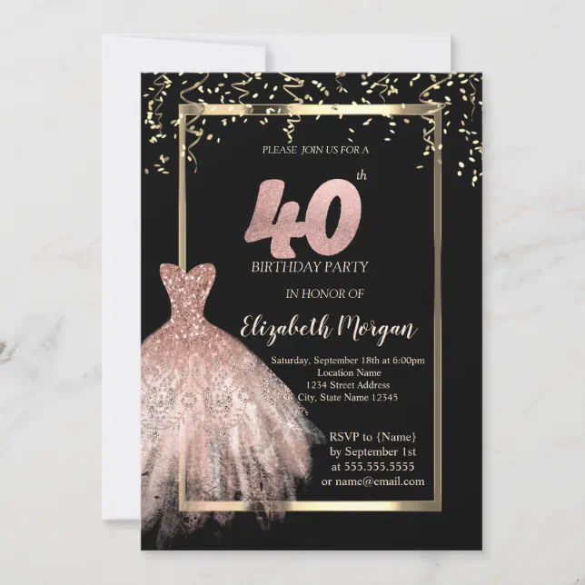 Elegant Dress,Confetti Rose Gold 40th Birthday Invitation | Zazzle