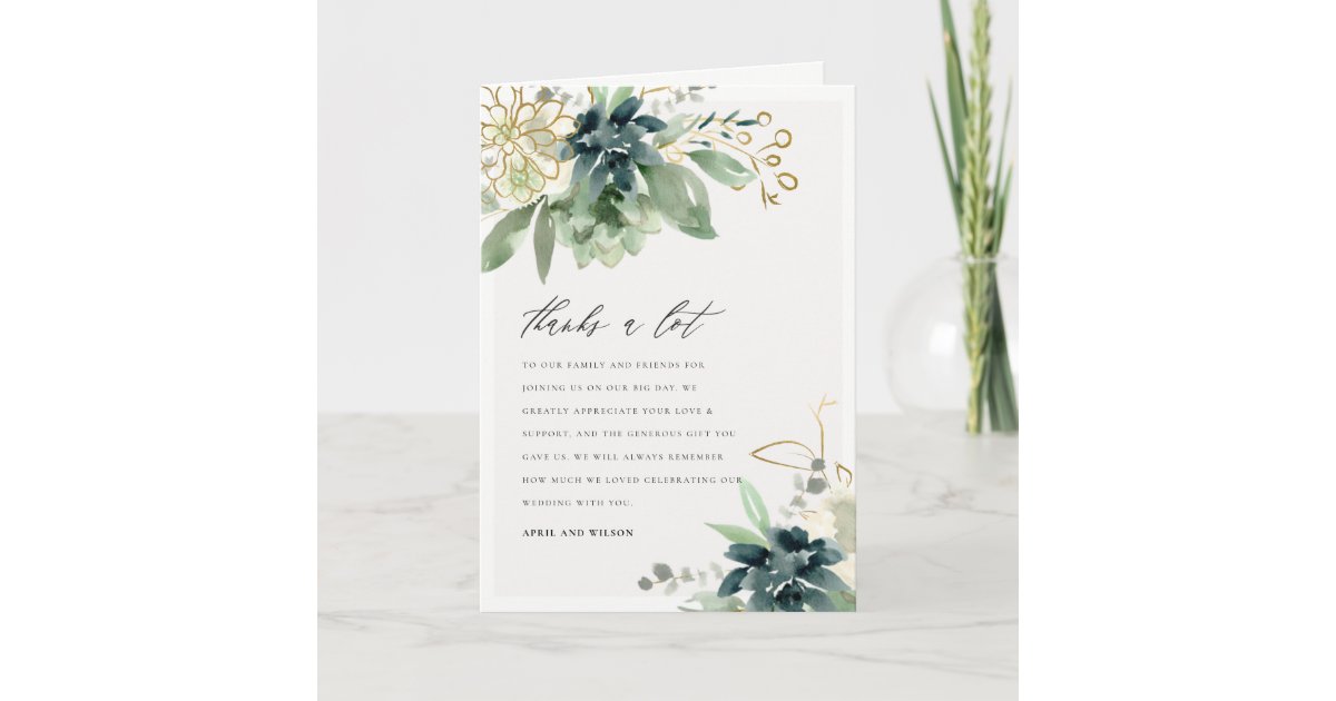 Elegant Dusky Blue Green Succulent Foliage Wedding Thank You Card | Zazzle