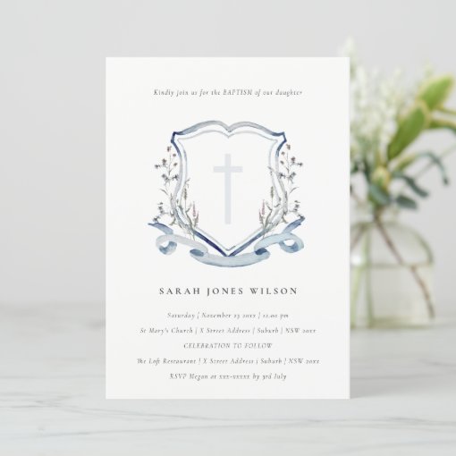 Elegant Dusky Blue Wildflower Cross Crest Baptism Invitation | Zazzle