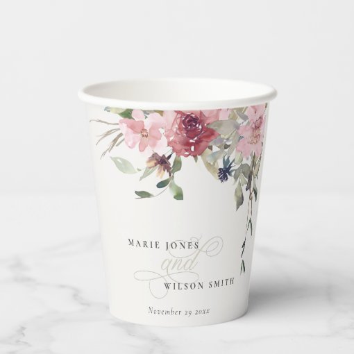 Elegant Dusky Blush Rose Wildflower Floral Wedding Paper Cups | Zazzle