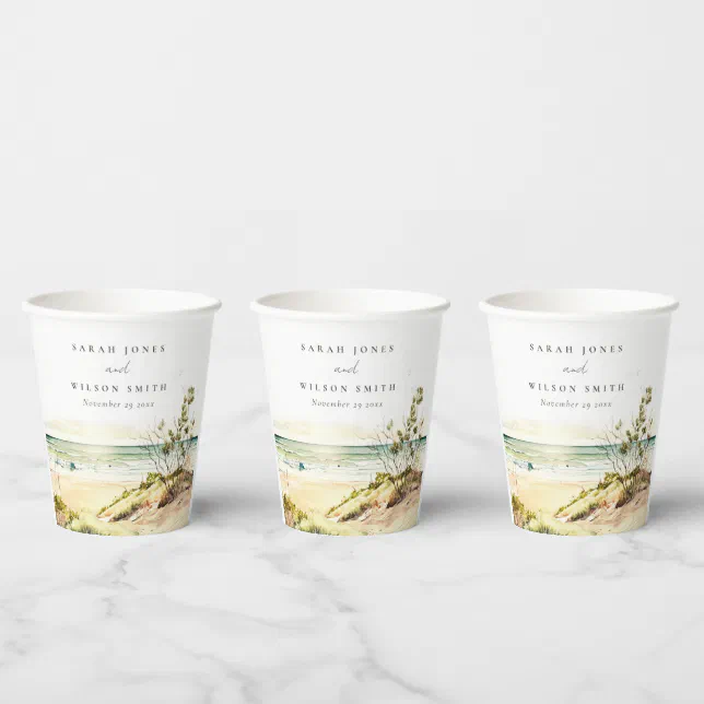 Elegant Dusky Coastal Beach Sun Seascape Wedding Paper Cups | Zazzle
