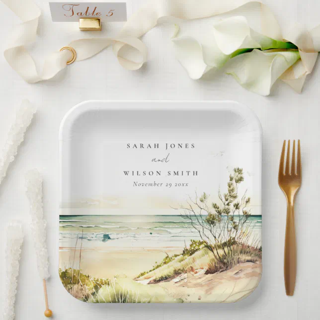 Elegant Dusky Coastal Beach Sun Seascape Wedding Paper Plates | Zazzle