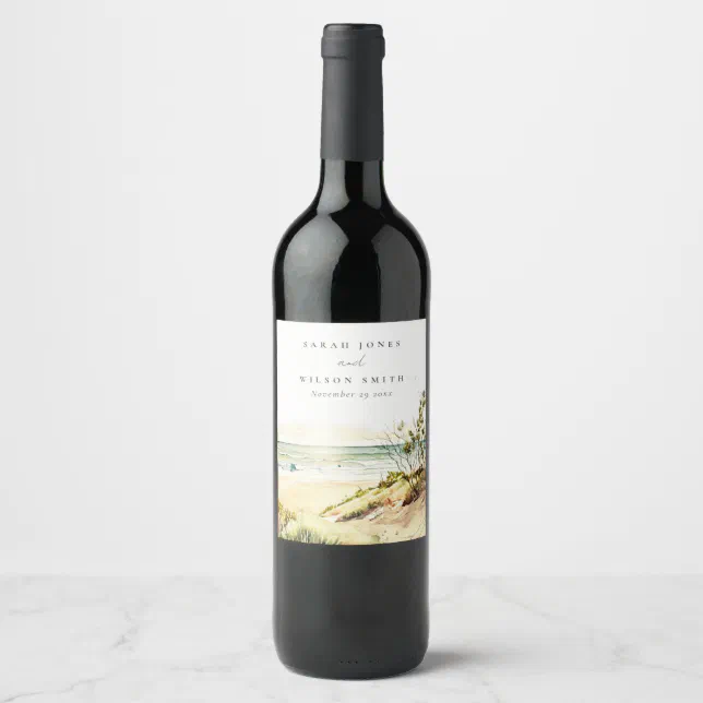 Elegant Dusky Coastal Beach Sun Seascape Wedding Wine Label | Zazzle
