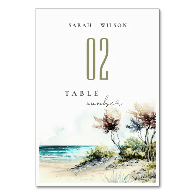 Elegant Dusky Coastal Palm Beach Seascape Wedding Table Number | Zazzle
