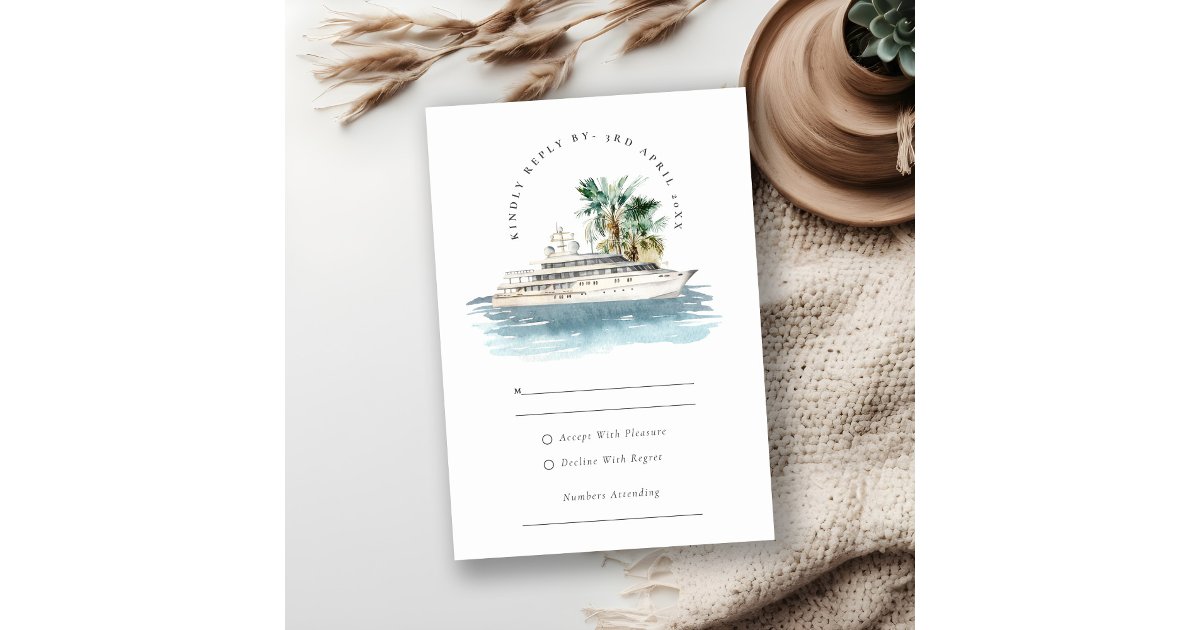 Elegant Dusky Cruise Ship Palm Seascape Wedding RSVP Card | Zazzle