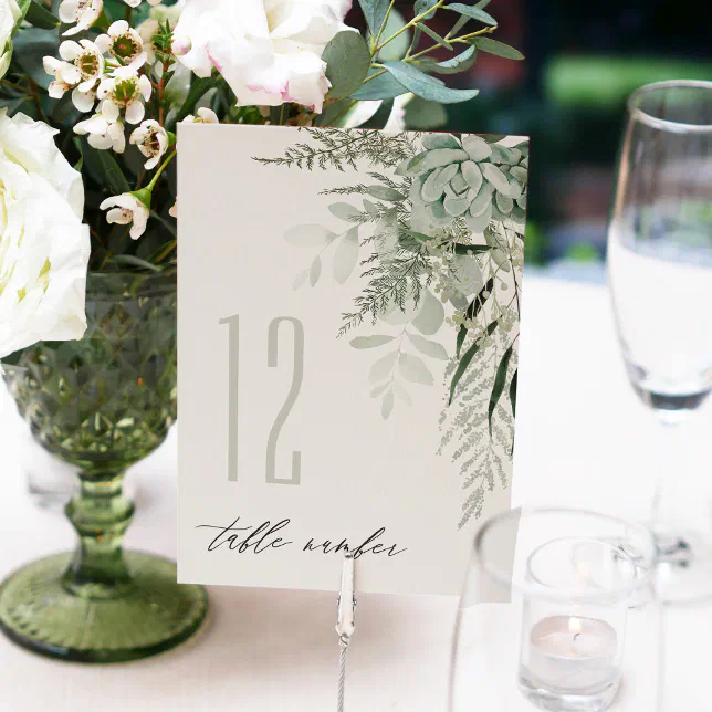 Elegant Dusky Leafy Fern Succulent Wedding Table Number | Zazzle