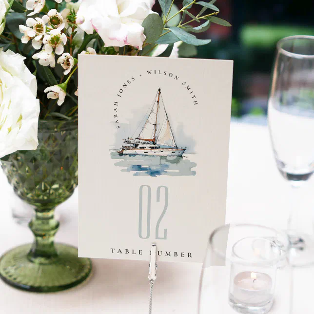 Elegant Dusky Sailboat Yacht Seascape Wedding Table Number | Zazzle